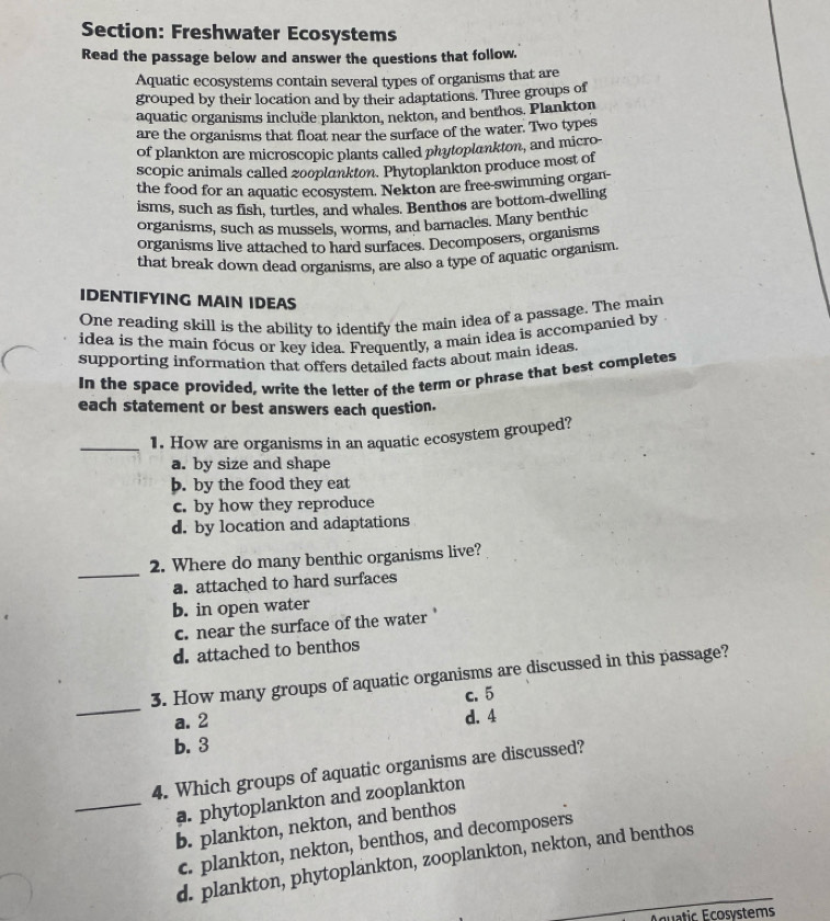 Solved: Freshwater Ecosystems Read the passage below and answer the ...
