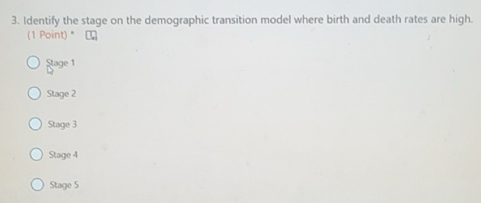 Solved: Identify the stage on the demographic transition model where ...