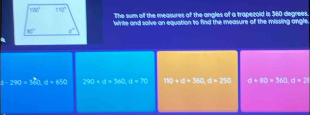 Solved: The sum of the measures of the angles of a trapezoid is 360 ...