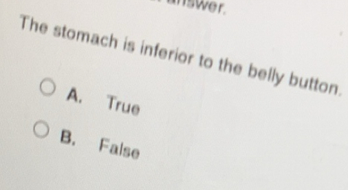 Solved: inswer. The stomach is inferior to the belly button. A. True B ...