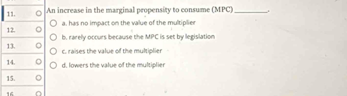 Solved: An increase in the marginal propensity to consume (MPC) _. a ...