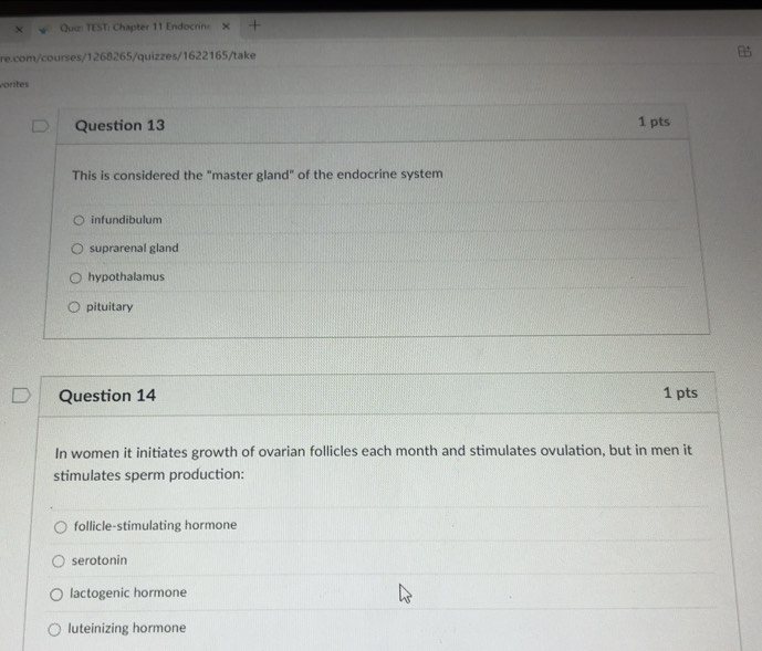 Gelöst:Quu: TEST: Chapter 11 Endocrins re.com/courses/1268265/quizzes ...