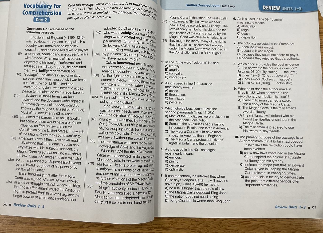 Gelöst:SadlierConnect.com: Test Prep REVIEW UNITS 1-3 Read this passage ...