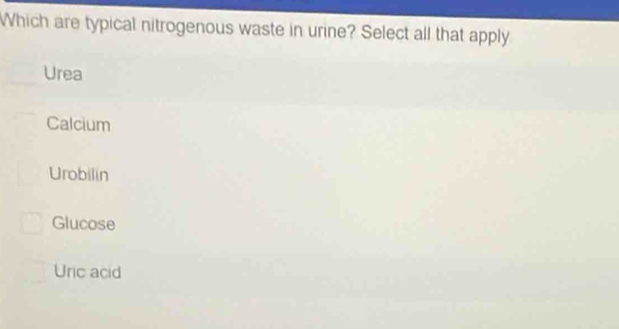 Solved: Which are typical nitrogenous waste in urine? Select all that ...