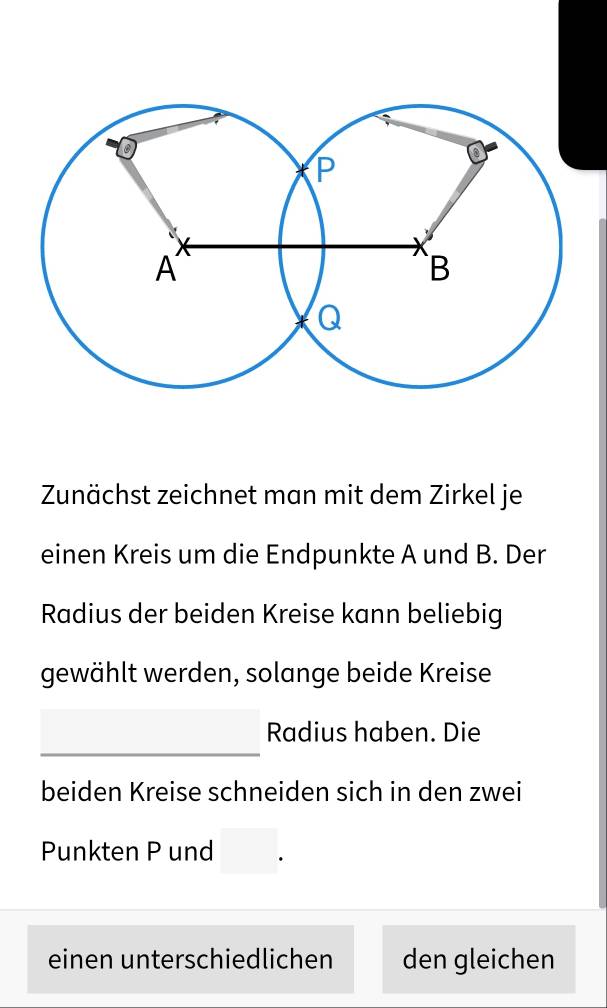 Gelöst:Zunächst zeichnet man mit dem Zirkel je einen Kreis um die ...
