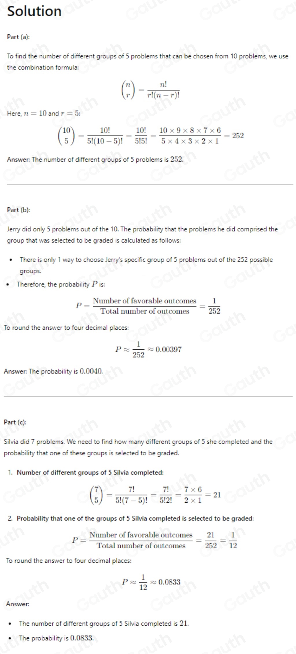 Solved: One professor grades homework by randomly choosing 5 out of 10 ...