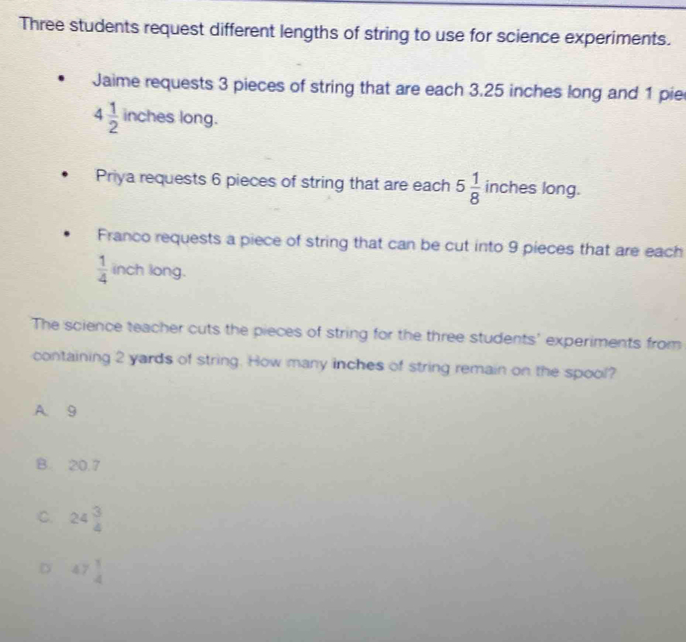 Three students request different lengths of string to use for science ...