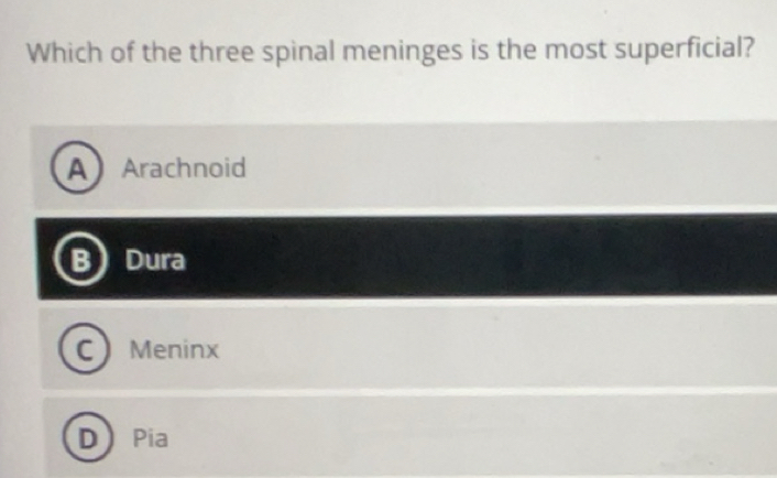 Solved: Which of the three spinal meninges is the most superficial? A ...
