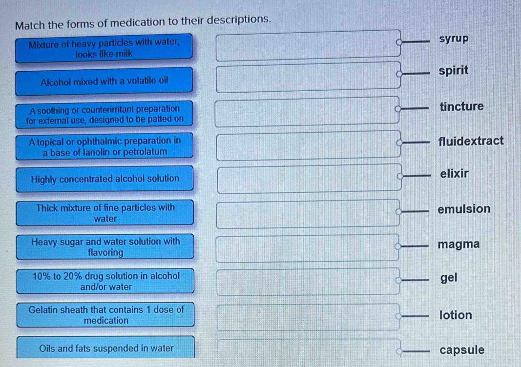 Solved: Match the forms of medication to their descriptions. Mixture of ...