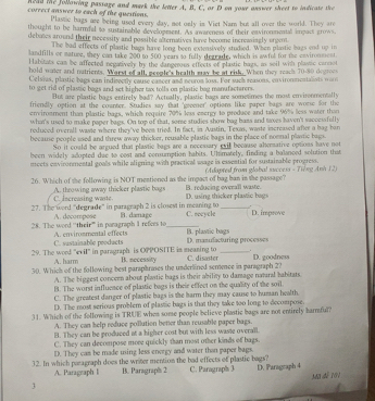Giải quyết:head Me following passage and mark the letter A. B. C. or D ...