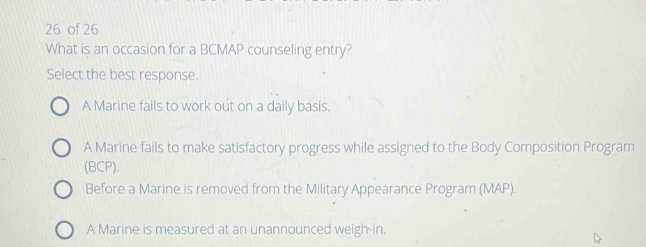 Solved: of 26 What is an occasion for a BCMAP counseling entry? Select ...