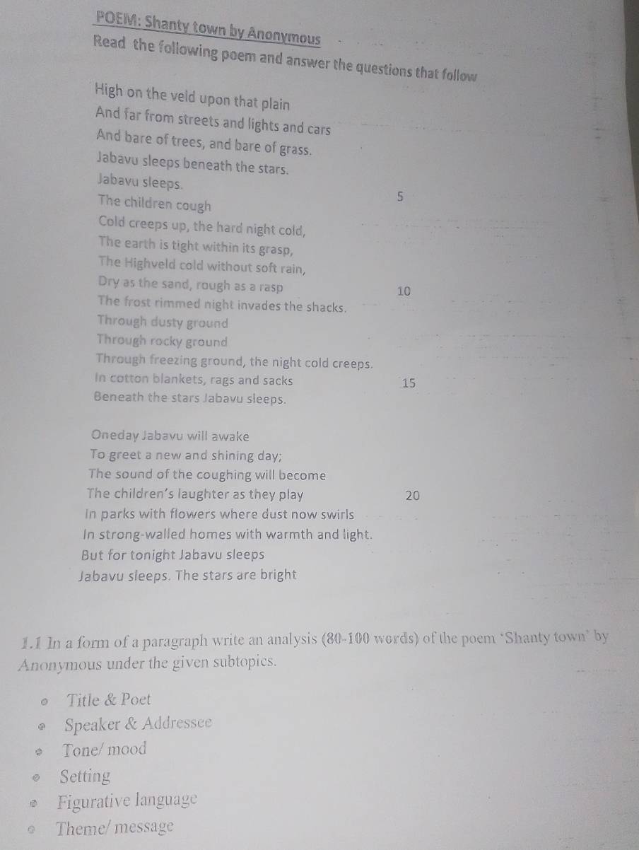 Solved: POEM: Shanty town by Anonymous Read the following poem and ...