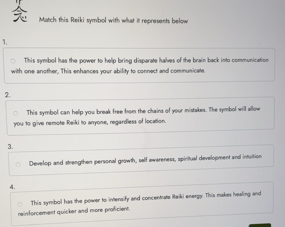 Gelöst:Match this Reiki symbol with what it represents below 1. This ...