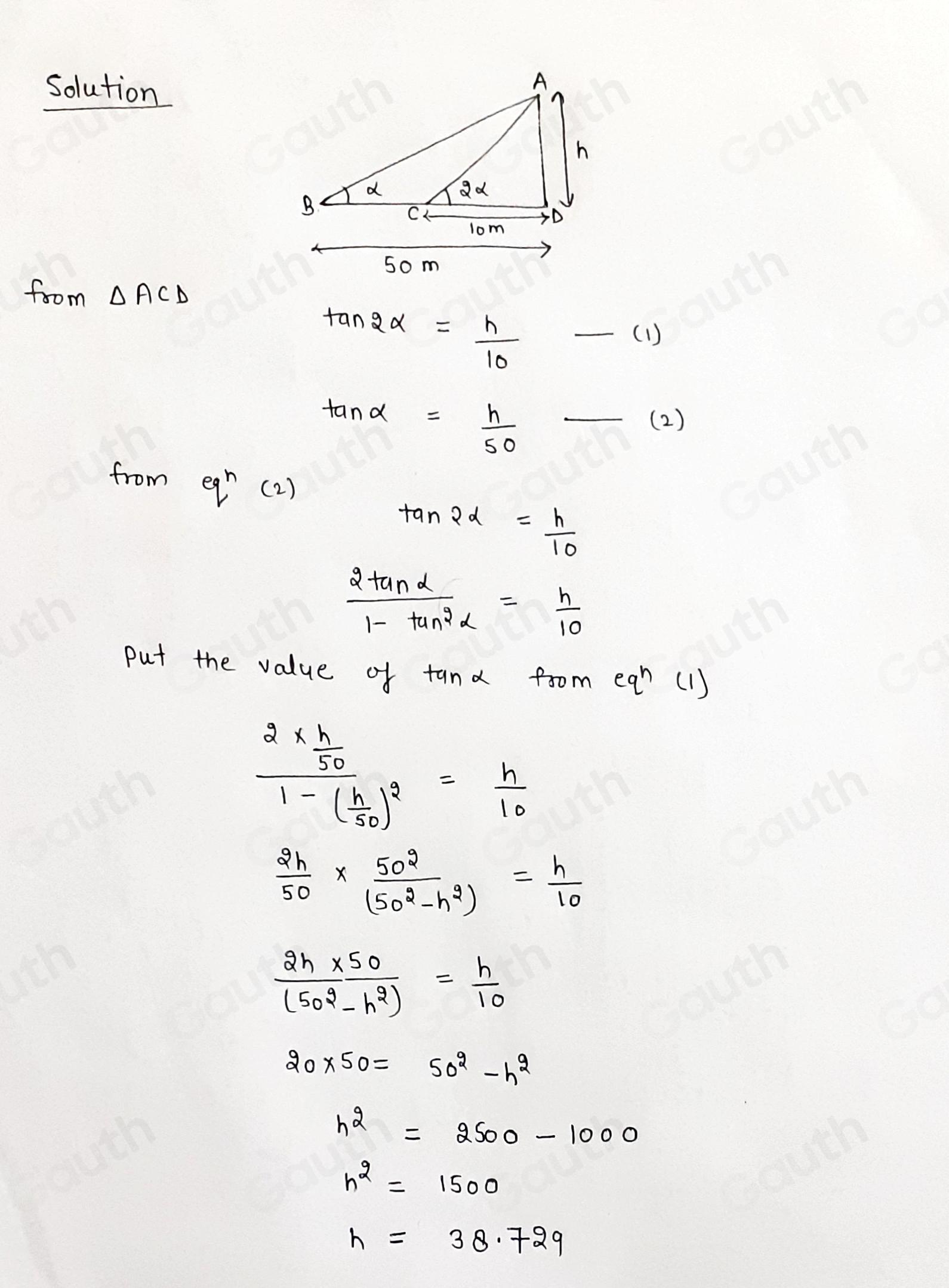 Solved: The angle of elevation of a top of at tree from a point 10 m ...