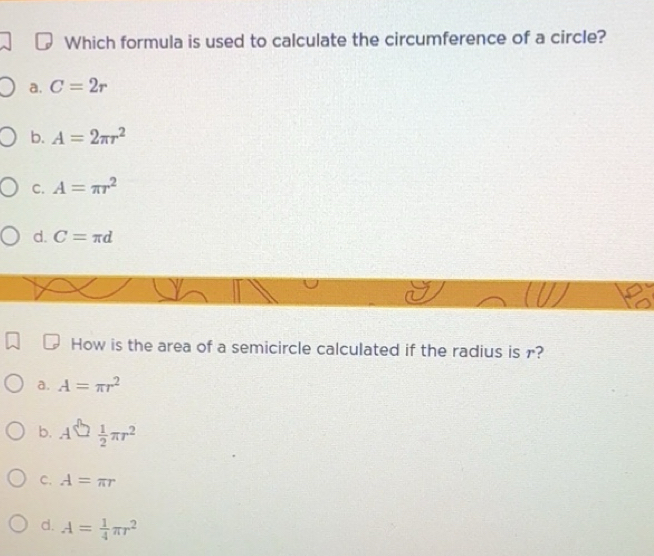 Solved: Which formula is used to calculate the circumference of a ...