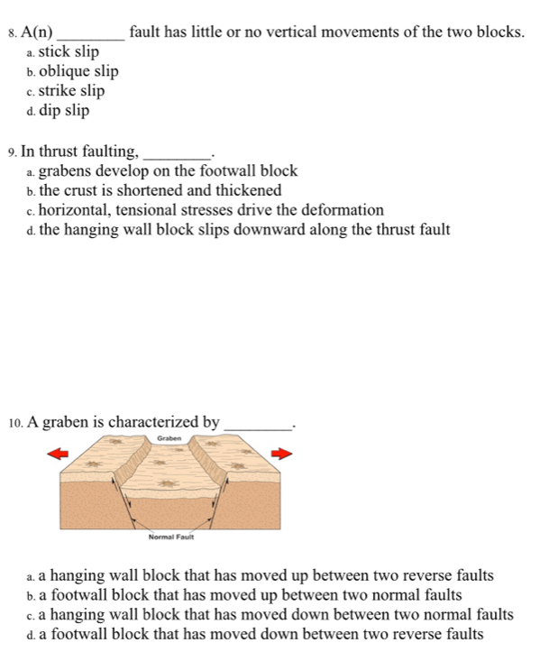 Solved: A(n) _fault has little or no vertical movements of the two ...