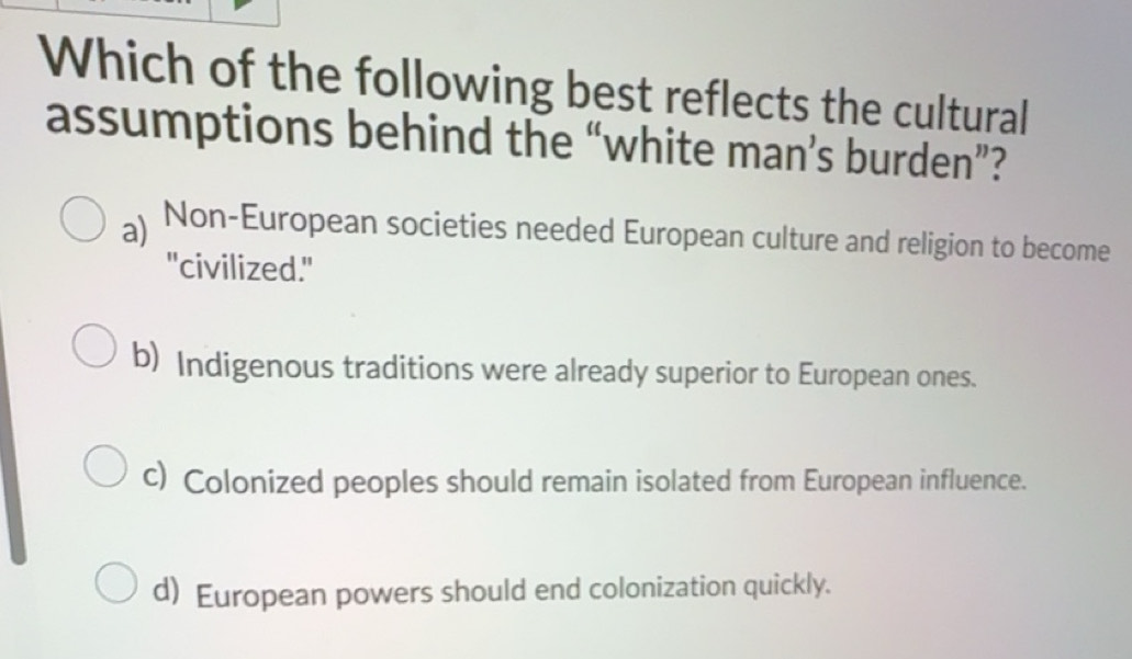 Solved: Which of the following best reflects the cultural assumptions ...