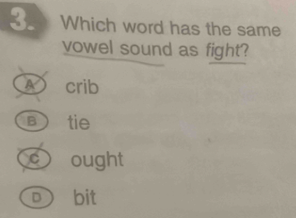 Solved: Which word has the same vowel sound as fight? D crib B tie ...