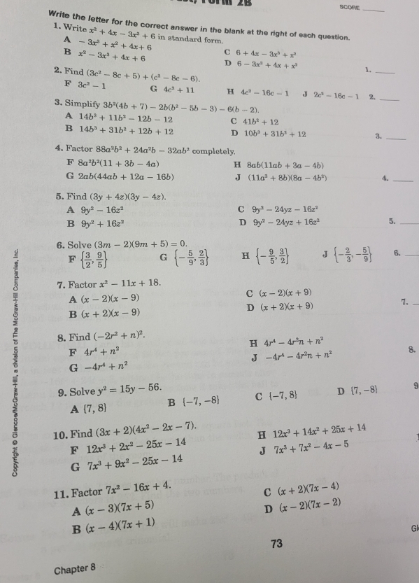 Solved: SCORE _ Write the letter for the correct answer in the blank at the right of each ...