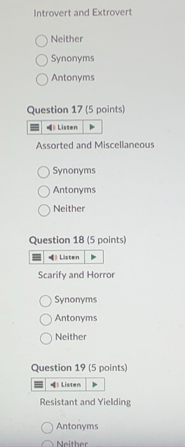 Solved: Introvert and Extrovert Neither Synonyms Antonyms Question 17 ...
