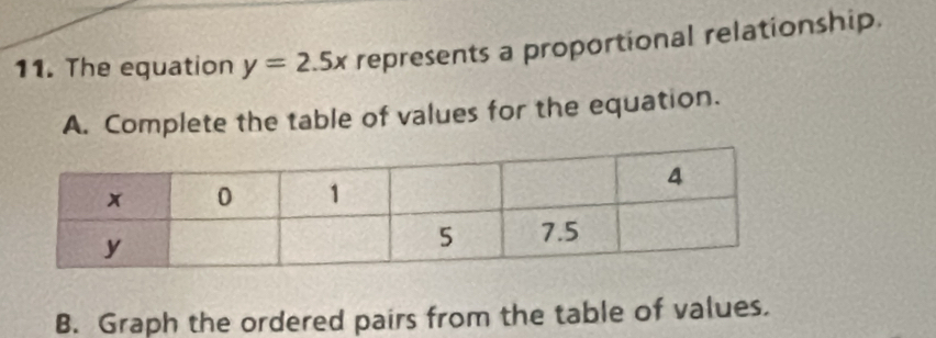 Solved: The equation y=2.5x represents a proportional relationship. A. Complete the table of ...
