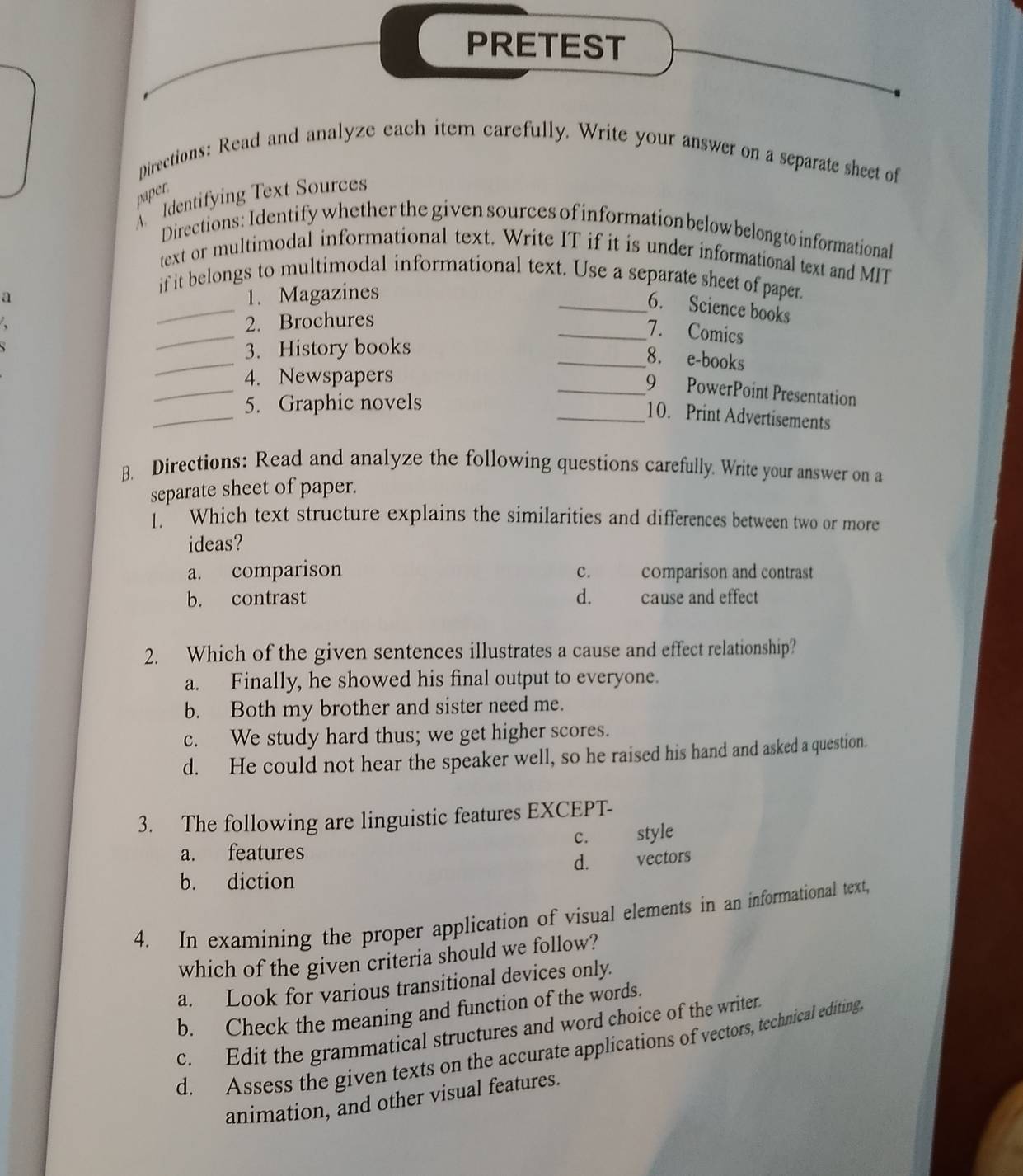 Solved: PRETEST pirections: Read and analyze each item carefully. Write ...