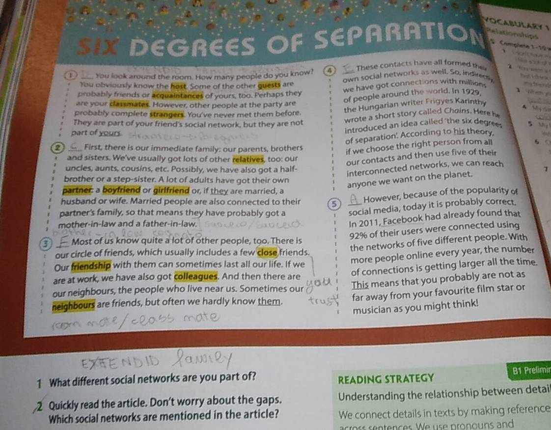 Risolto:VOCABULARY 1 SIX DEGREES OF SEPARATION Relationships Complete 1 ...