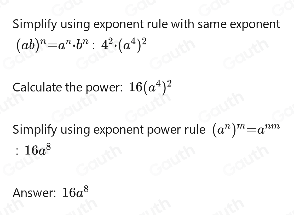 Solved: Write (4a^4)^2 without exponents. (4a^4)^2=[ Fill in the blanks ...