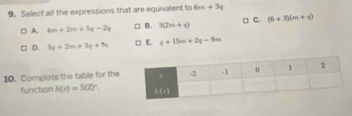 Solved: Select all the expressions that are equivalent to 6m+3q. C. (6 ...