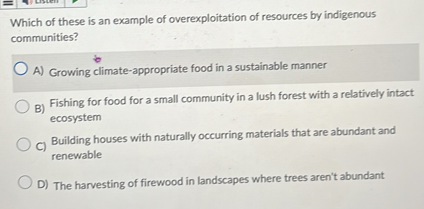 Solved: Which of these is an example of overexploitation of resources ...