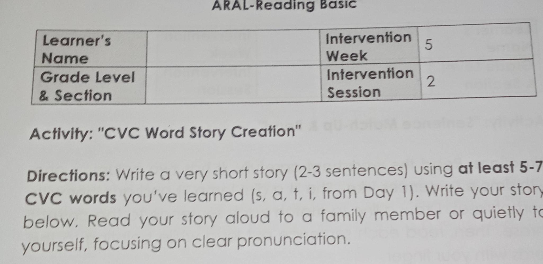 Solved: ARAL-Reading Basic Activity: 'CVC Word Story Creation ...