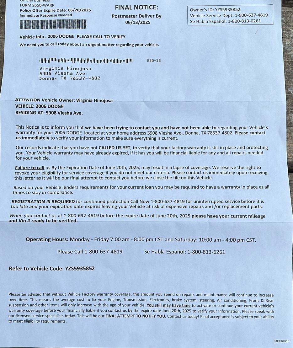 Solved: FORM 9550-WARR Policy Offer Expire Date: 06/20/2025 FINAL ...