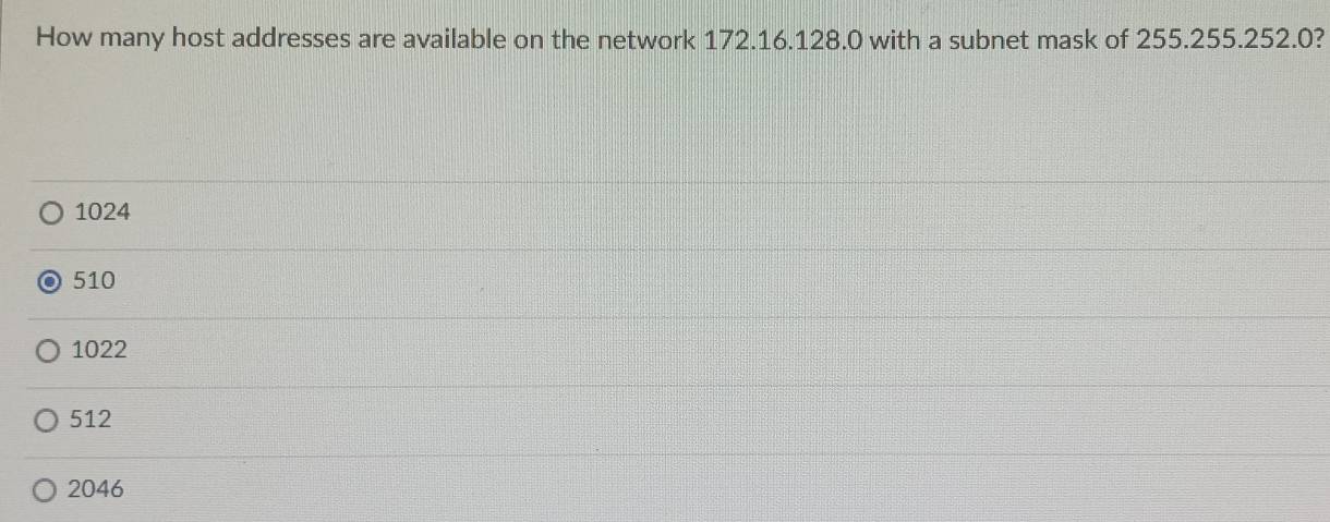 Solved: How many host addresses are available on the network 172.16.128.0 with a subnet mask of ...