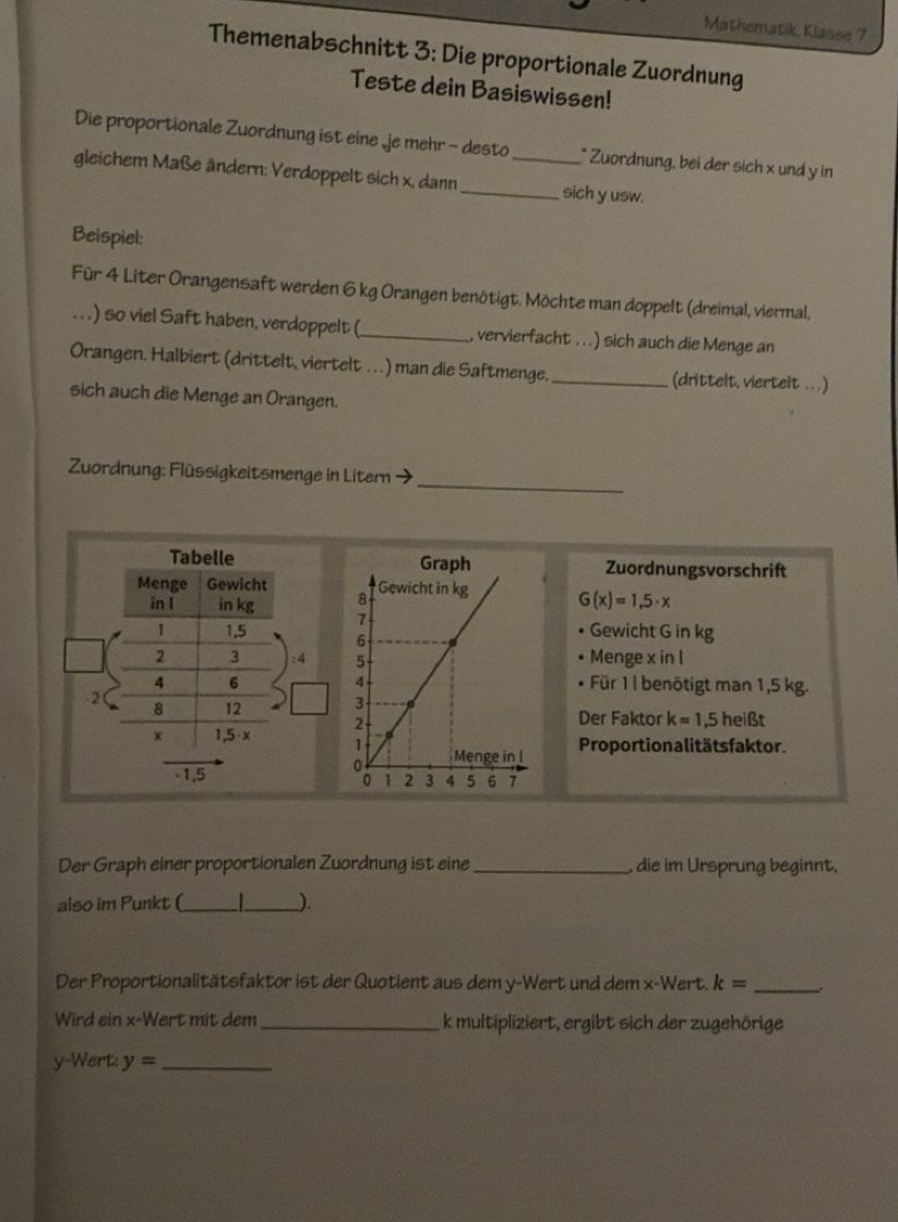 Gelöst:Mathematik, Klasse 7 Themenabschnitt 3: Die proportionale ...