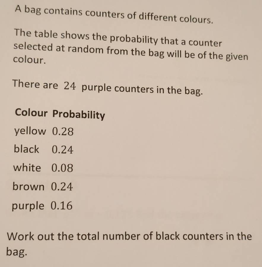Solved: A bag contains counters of different colours. The table shows ...