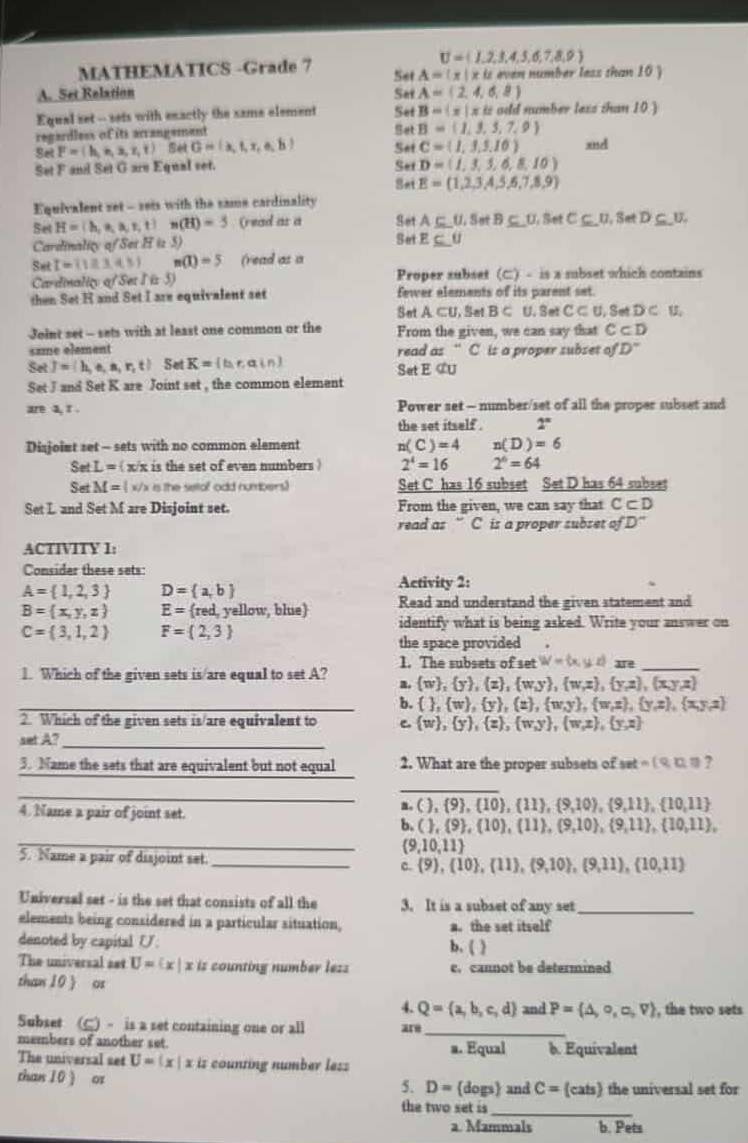 Solved: MATHEMATICS -Grade 7 U=(1,2,3,4,5,6,7,8,9) A. Set Relation Set ...