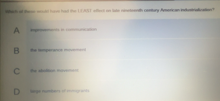 Solved: Which of these would have had the LEAST effect on late ...