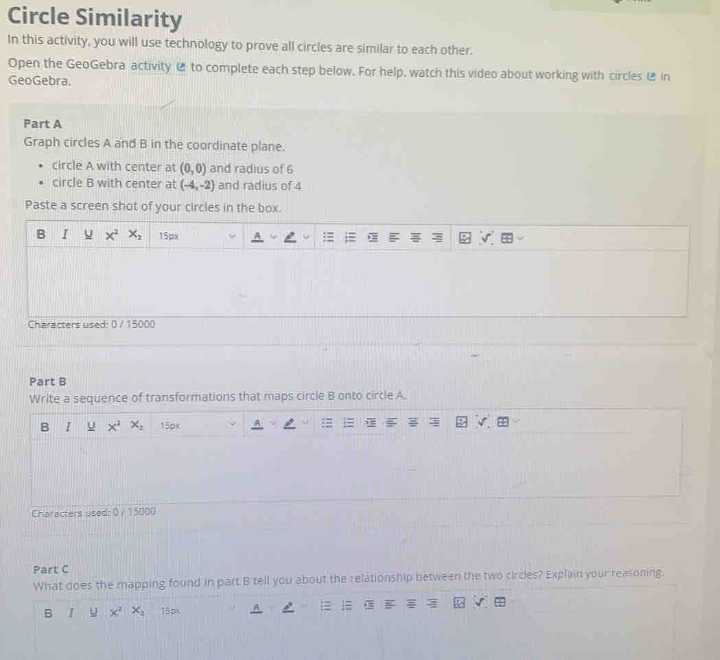 Solved: Circle Similarity In this activity, you will use technology to prove all circles are ...