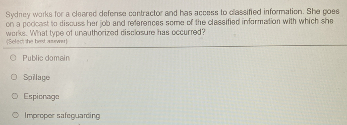 Solved: Sydney works for a cleared defense contractor and has access to ...