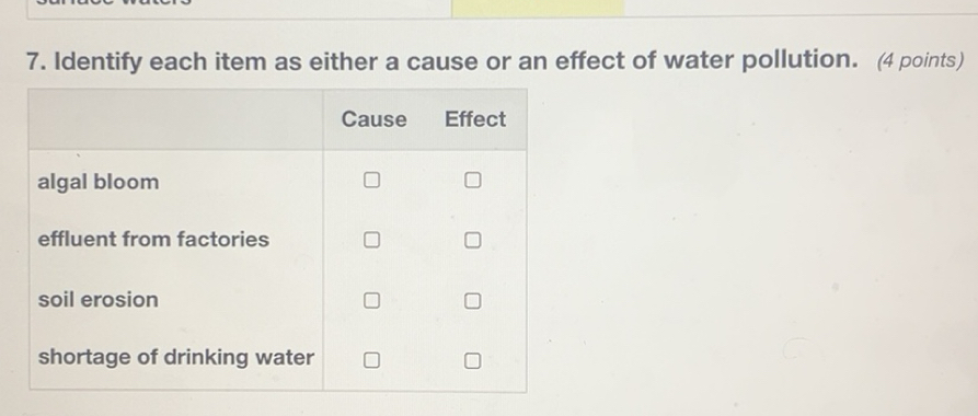 Solved: Identify each item as either a cause or an effect of water ...