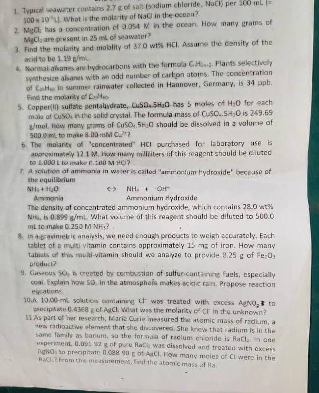 Solved: Typical seawater contains 2.7 g of salt (sodium chloride, NaCl ...