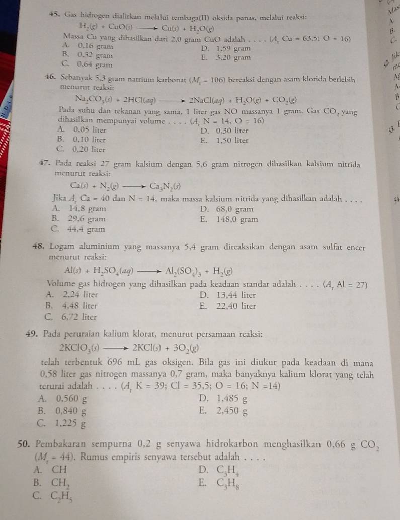 Telah dijawab:Mas 45. Gas hidrogen dialirkan melalui tembaga(II) oksida ...