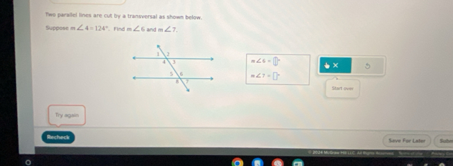 Solved: Two parallel lines are cut by a transversal as shown below ...