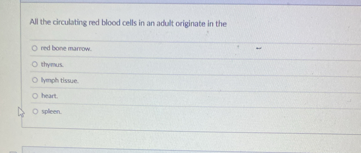 Solved: All the circulating red blood cells in an adult originate in ...