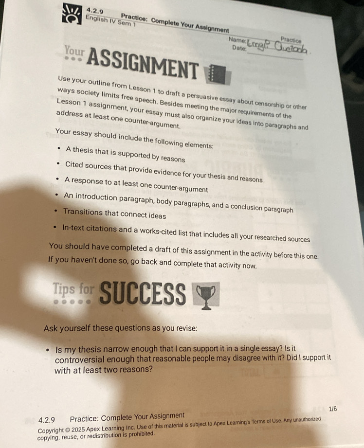 Solved: English IV Sem 1 4.2.9 Practice: Complete Your Assignment Name ...