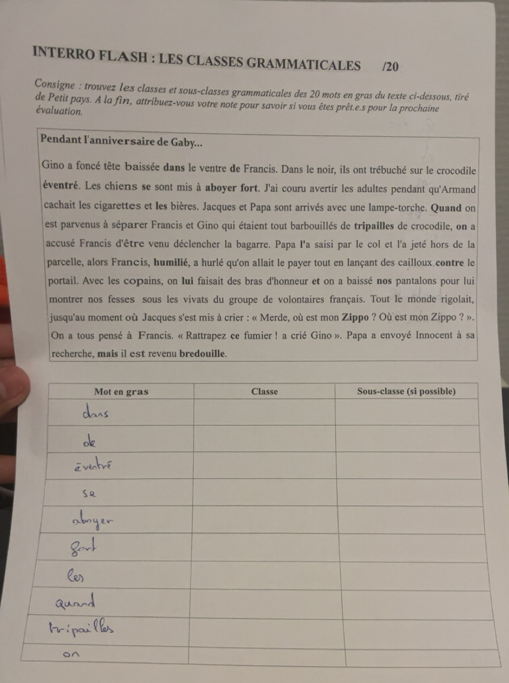 Résolu :INTERRO FLASH : LES CLASSES GRAMMATICALES €£/20 Consigne ...