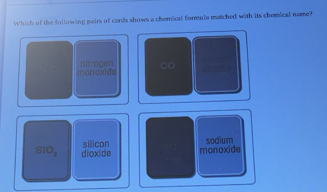 Solved: Which of the following pairs of cards shows a chemical formula ...