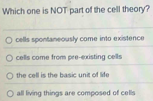 Solved: Which one is NOT part of the cell theory? cells spontaneously ...