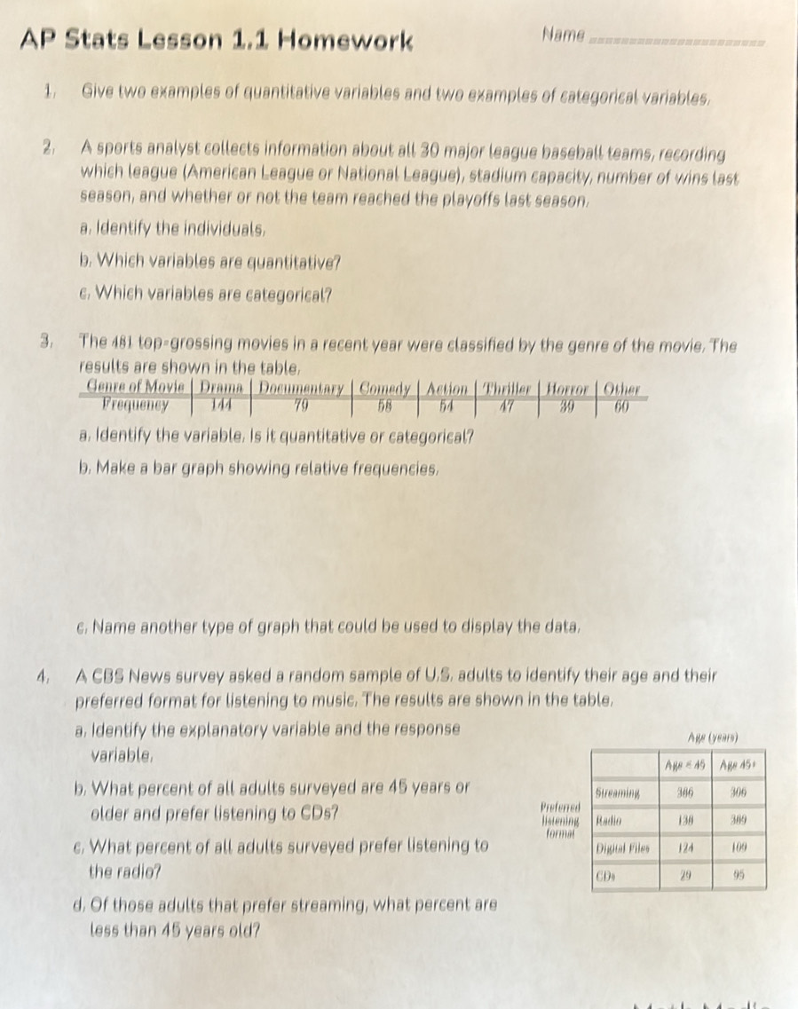 Solved: AP Stats Lesson 1.1 Homework Name_ 1. Give two examples of ...