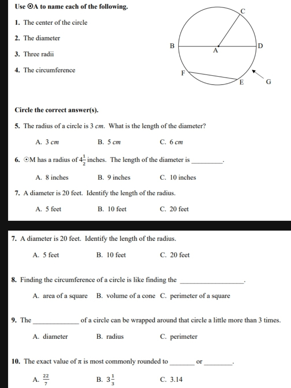 Solved: Use odot A to name each of the following. 1. The center of the circle 2. The diameter 3 ...